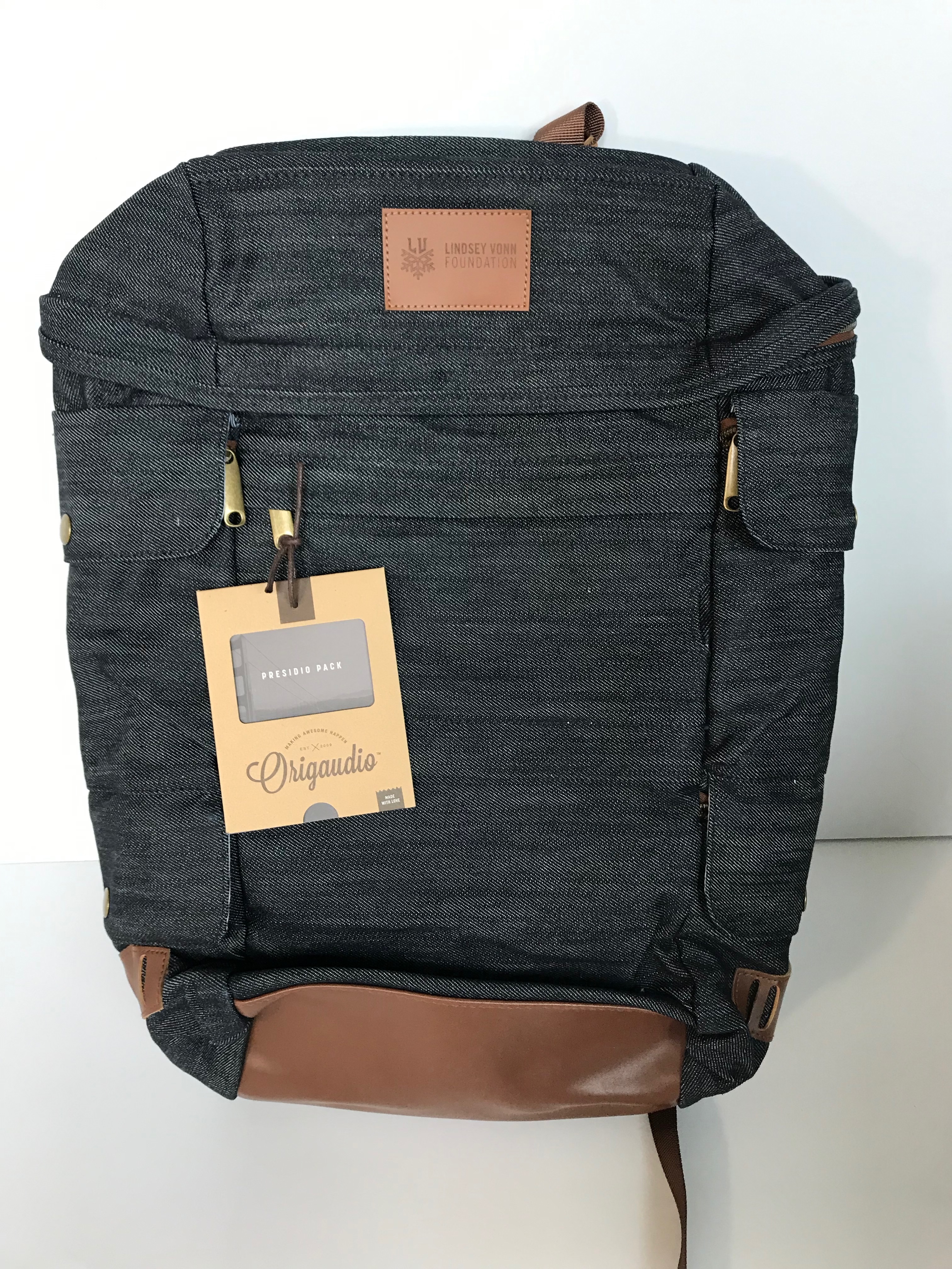 Origaudio Presidio denim Backpack with Lindsey Vonn Foundation logo